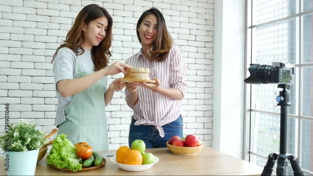 Two Asian influencer vlogger live review healthy lifestyle together ...