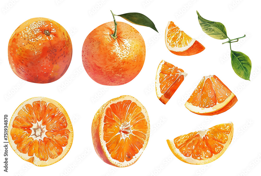 Watercolor set of oranges with hand paint texture on a transparent ...