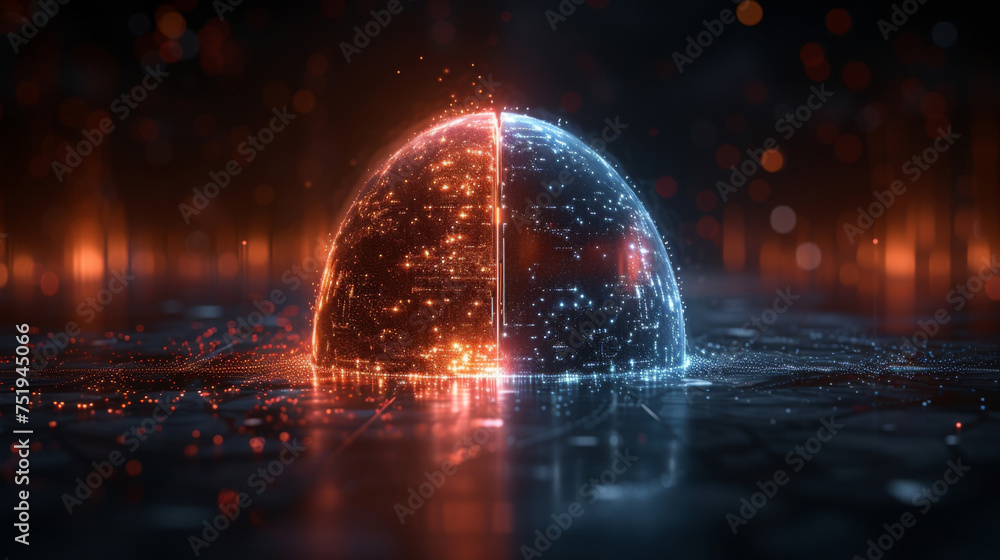 A futuristic image of a corporate shield divided into two halves one ...