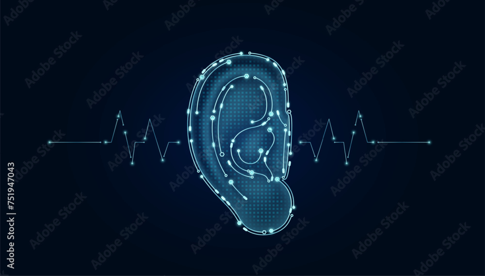 Electronic ear and pulse wave glowing between connecting lines. Human ...