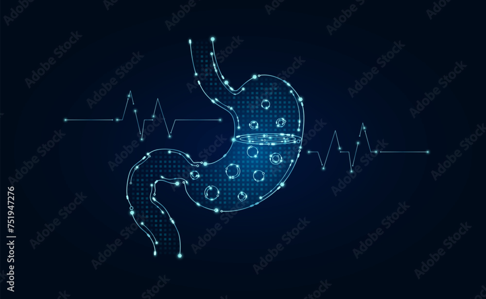 Electronic stomach and pulse wave glowing between connecting lines ...