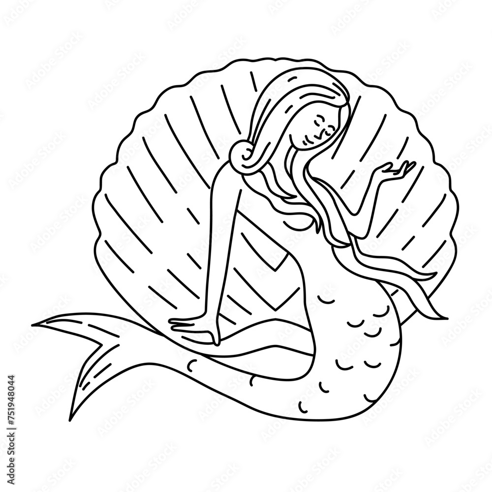 Mono line illustration of a mermaid or siren with long flowing hair ...