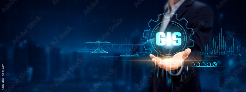 Geographic Information System (GIS). Businessman Holding Icon with ...