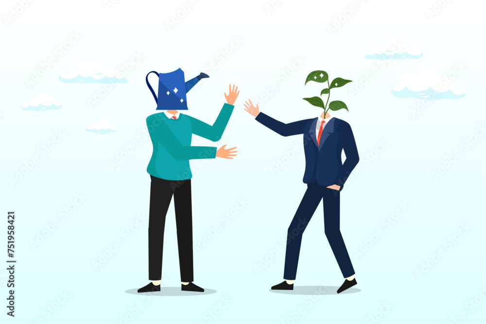 Businessman watering can head help grow seedling one, mentor to help ...