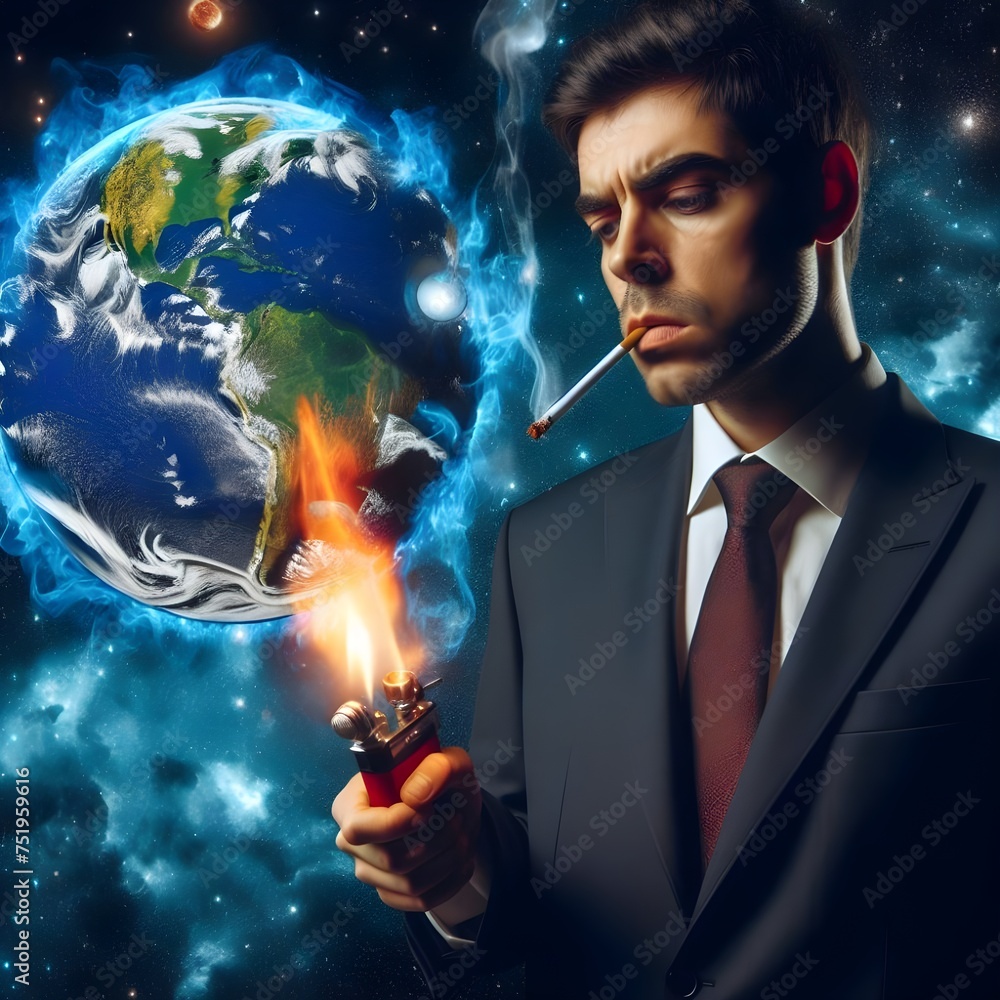 Evil oil refinery executive smoking man holding a blowtorch to blue ...