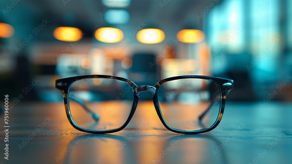 Selective focus on a pair of eyeglasses with a soft bokeh office ...