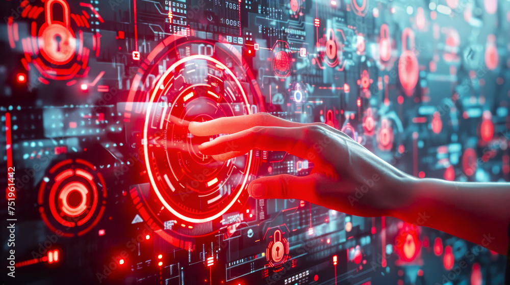 Red Alert for Cybersecurity Threat Hand Engaging with Warning Signals ...