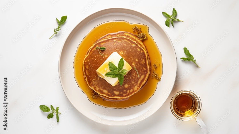 Plate of corn and whole wheat pancakes topped with cultured butter and ...