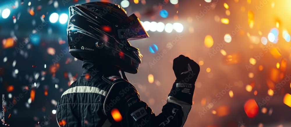 Race car driver celebrating the win in a race, bright stadium light and ...