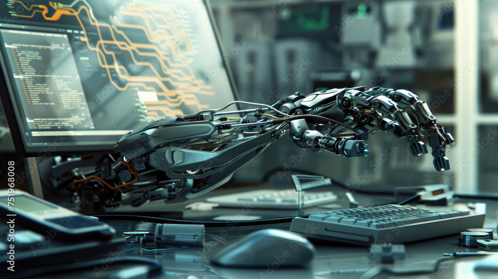 Robotic arm reaching out from under computer monitor taking over the ...