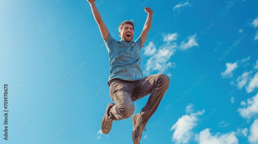 Insanely happy man jumps up, raising his hands in happiness. Won the ...
