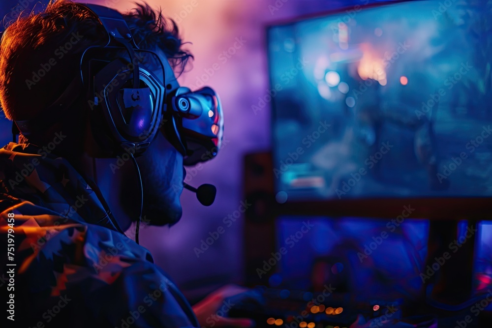 gamer room with PS sticks, computer gaming desk setup with neon shades ...