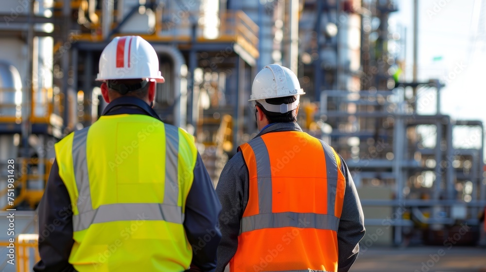 Industrial workers in safety vests and hard hats collaborating on a ...