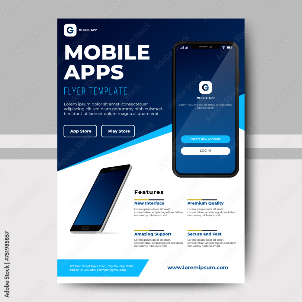 Mobile Apps Flyer template with dark blue cover. Business brochure ...