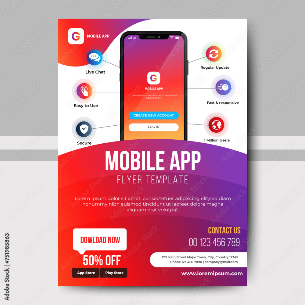 Mobile Apps Flyer template with red and blue cover. Business brochure ...