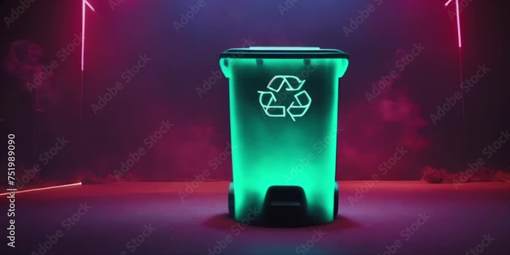 Futuristic neon style green trash can with recycle symbol isolated by ...