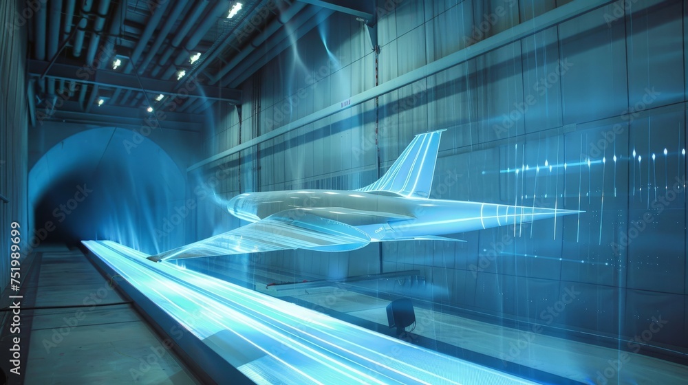 Zoomed-in image of a wind tunnel test for an aircraft wing model ...