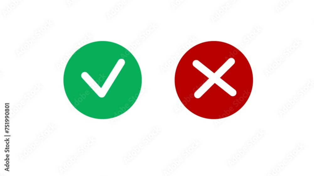 Animation in motion graphics of a check mark symbol and a symbol in X ...