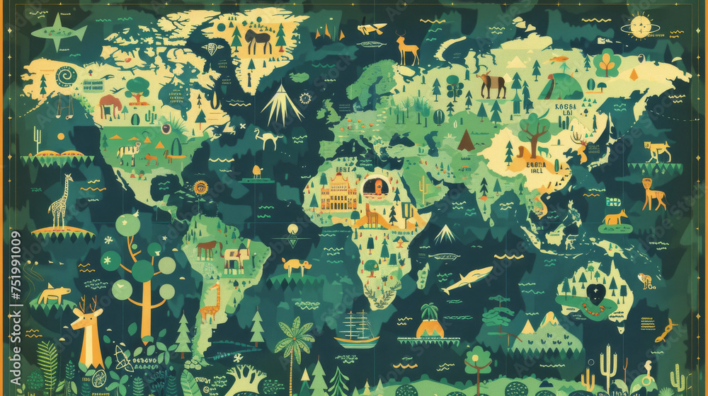 World map focused on showcasing environmental biomes, from lush ...