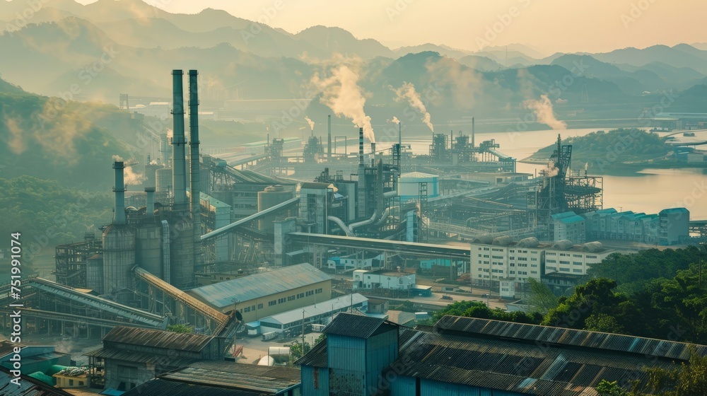 Zoomed-in image of a manufacturing plant in a developing country ...