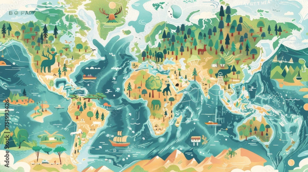 Illustrative and colorful world map with a whimsical representation of ...