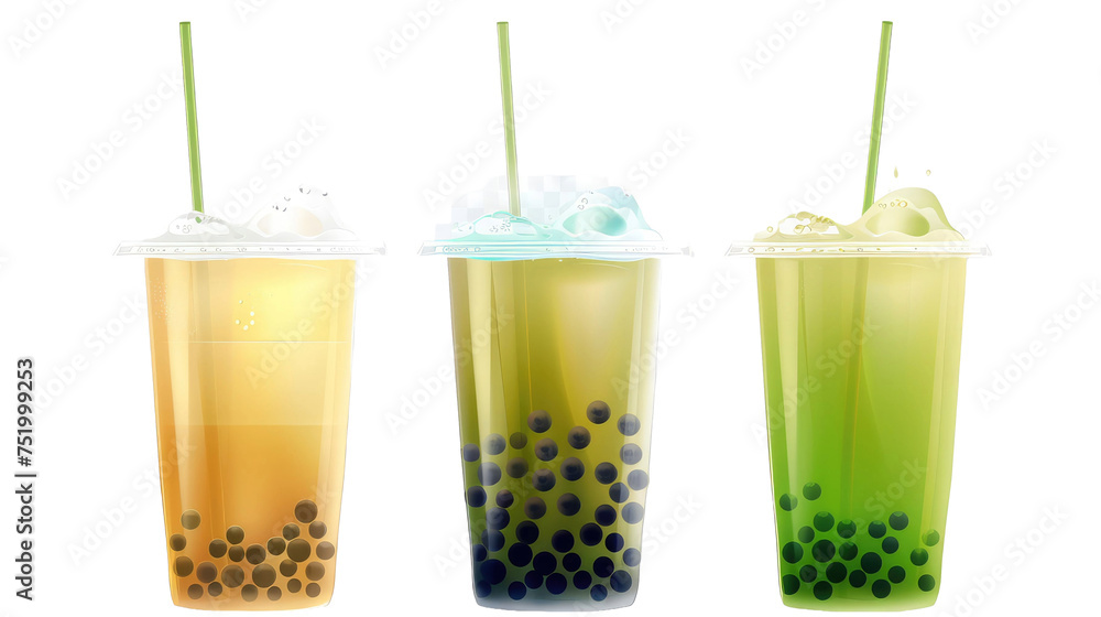 Collection set a plastic cup of iced bubble tea boba on a transparent ...