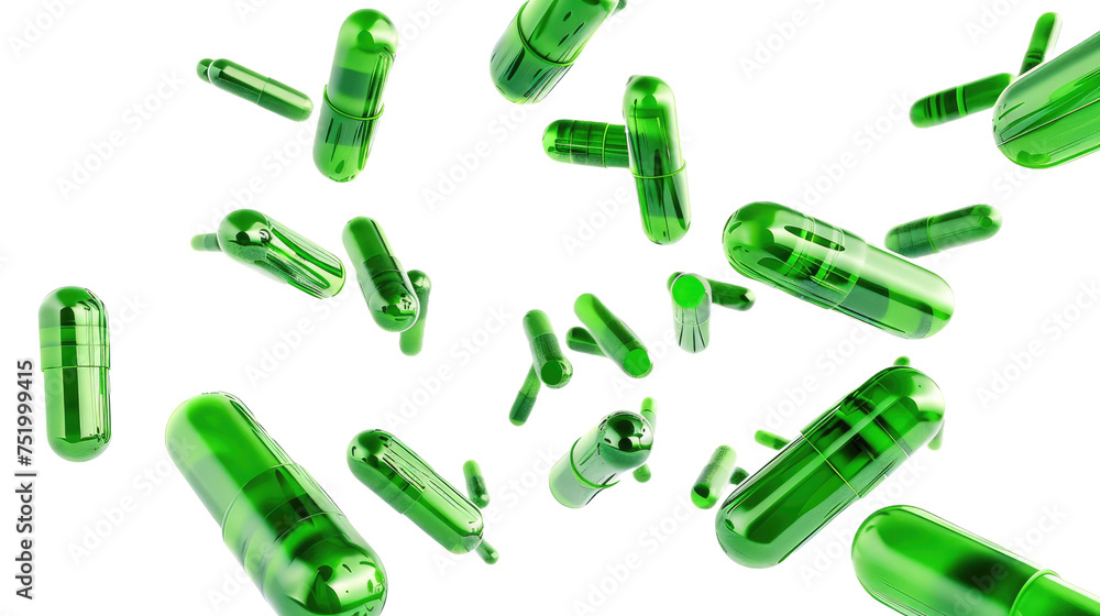 Green medical capsules falling down on transparent background.png Stock ...