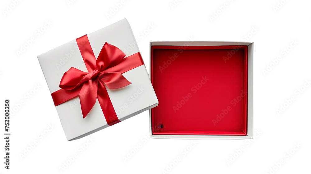 White gift box open with blank red bottom box or top view of present ...