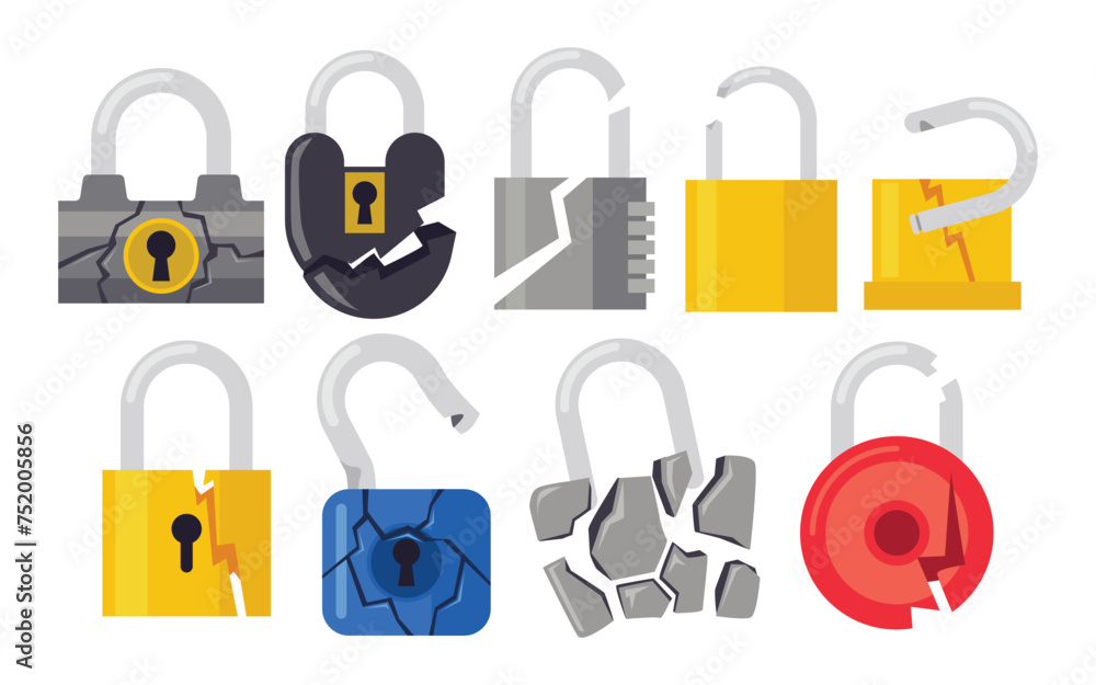 Set of broken padlock set collection cartoon, security and privacy ...
