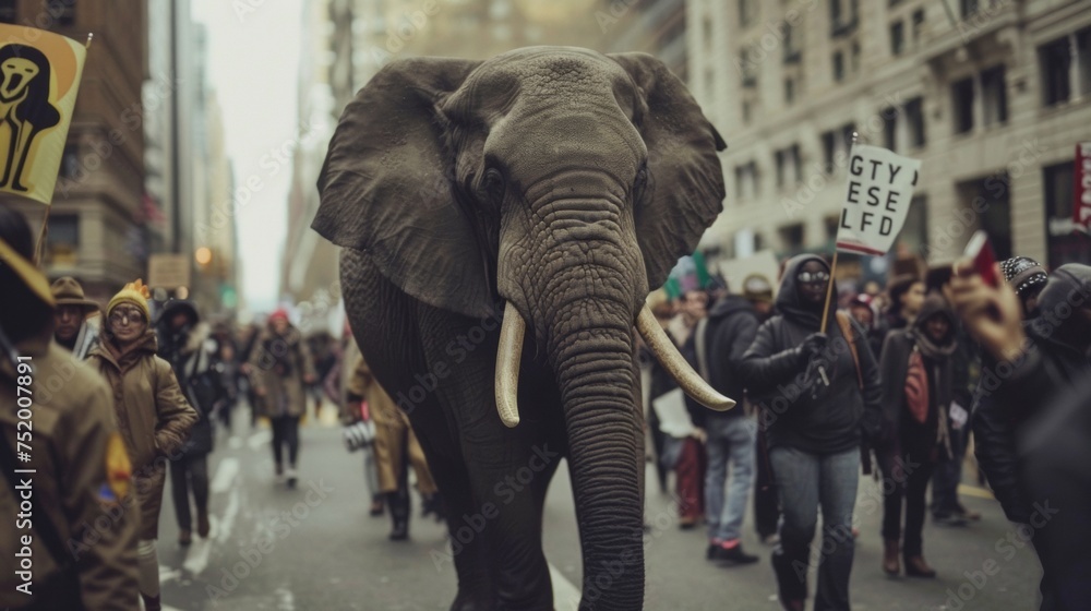Elephant Walking Through a City Protest, A majestic elephant calmly ...