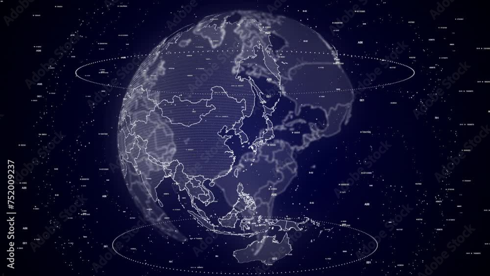 digital globe rotating, zooming in on South Korea country. Data ...