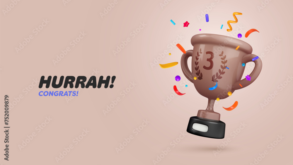 Third place, win bronze champion cup with colorful confetti 3d vector ...