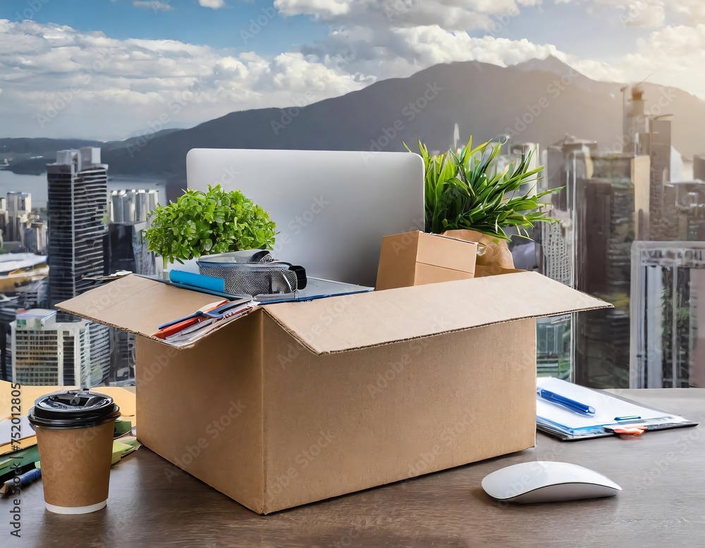 Cardboard box with office stuff on mountain vacation background ...