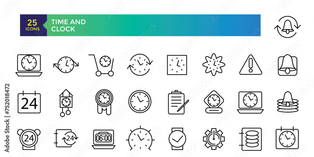 Time and Clock line icons about location, time and date. Contains such ...