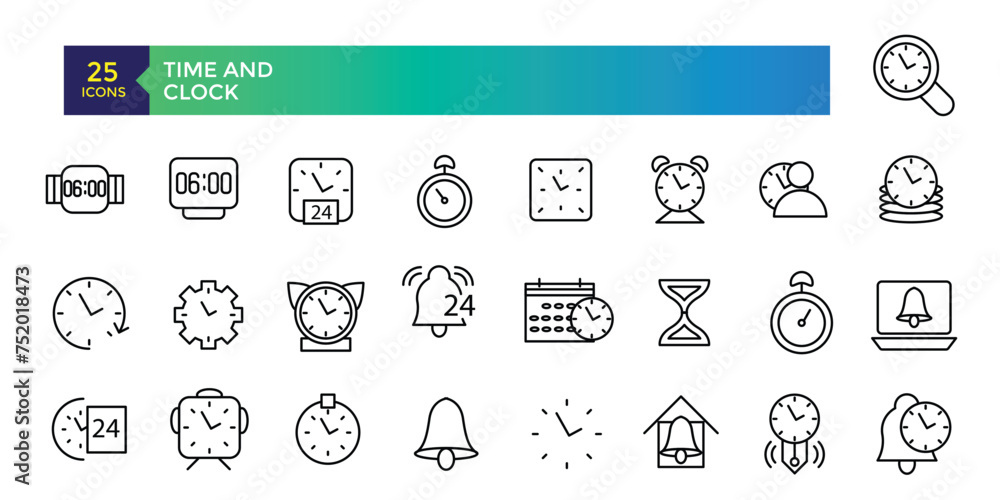 Time and Clock line icons about location, time and date. Contains such ...