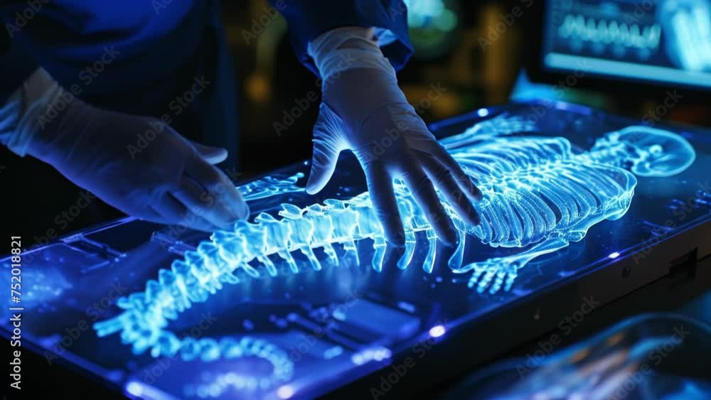A surgeon using hand gestures to manipulate a holographic spine and ...