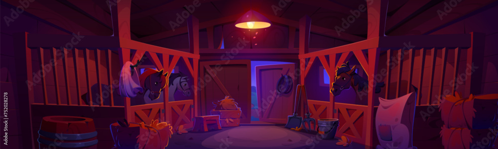 Horse stable with animals in stall at night. Cartoon vector ...