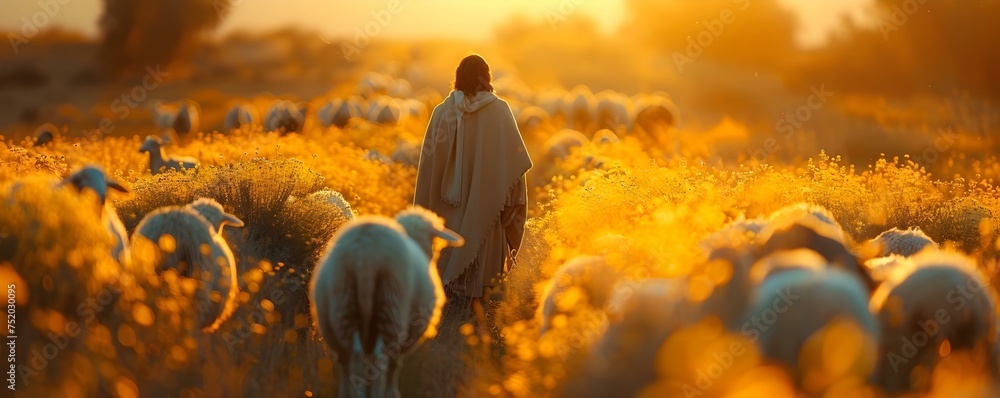 Guidance from Christ: A Shepherd's Prayer in a Sunlit Field. Concept ...