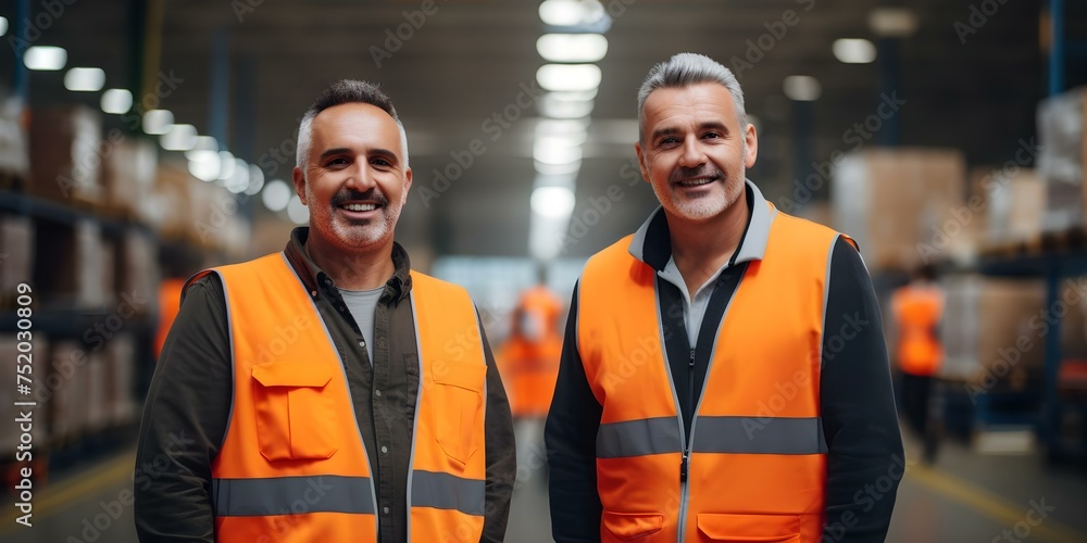 Middle-aged male workers in orange vests striking a positive pose in ...