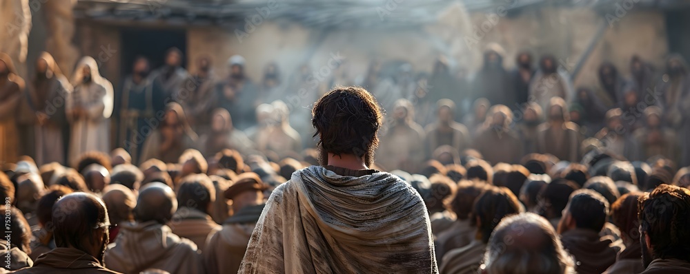 Jesus delivering a sermon to disciples or a crowd from behind. Concept ...