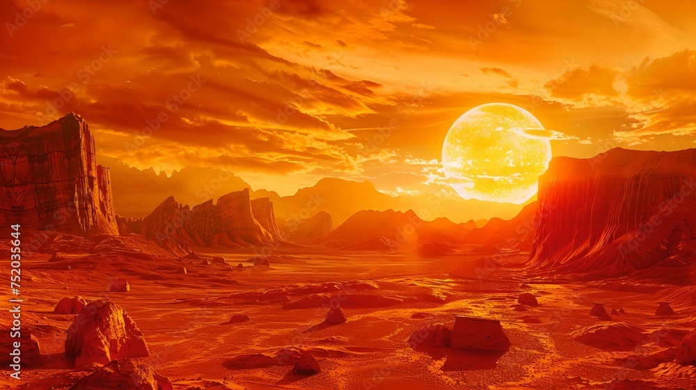 Majestic alien sunset with large sun, rocky terrain - sci-fi landscape ...