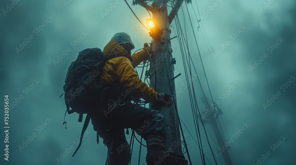 Power Line Installer Upgrading Cables on High Voltage Lines Stock ...