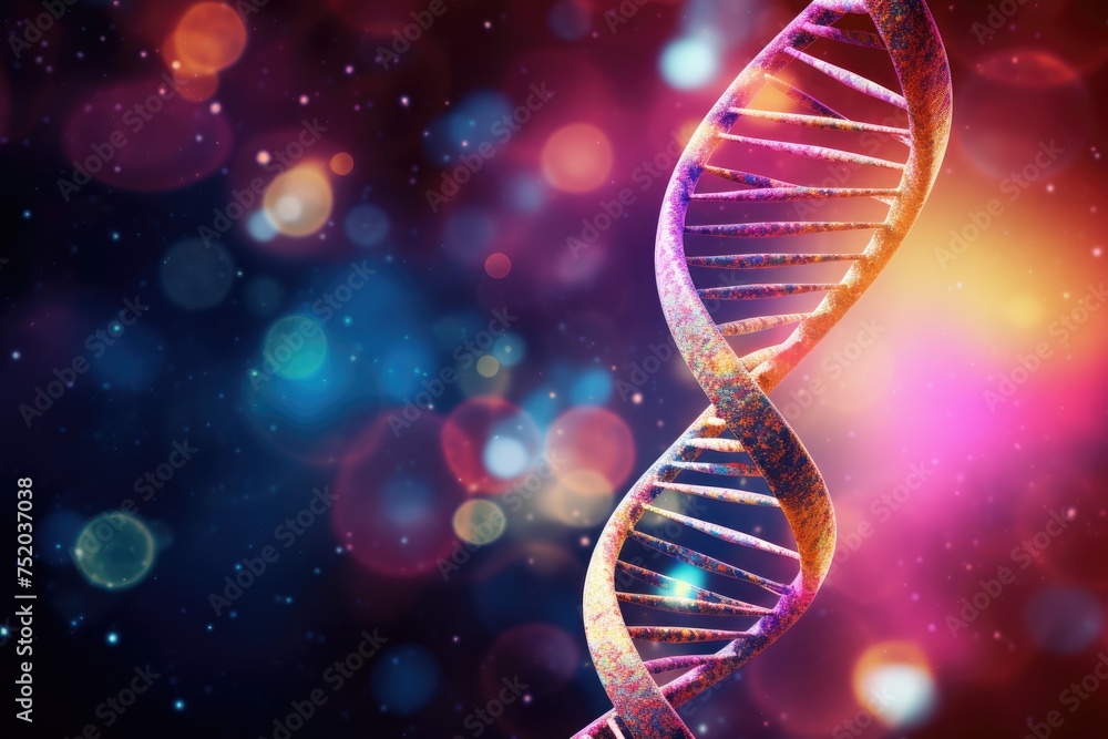 Digital illustration DNA structure in colored background with bokeh, Abstract background of cell ...