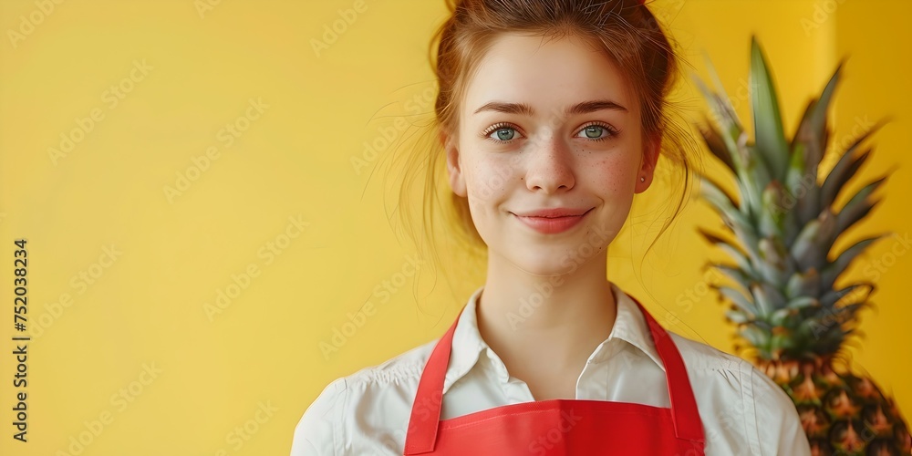 Young woman with a bright smile, wearing a red apron over a shirt ...