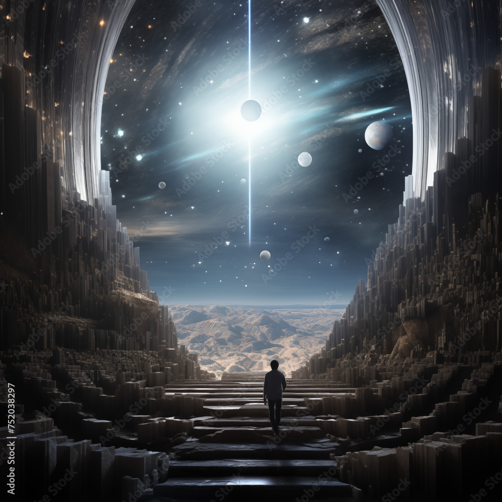 The scene is a labyrinth of interconnected pathways and shifting ...