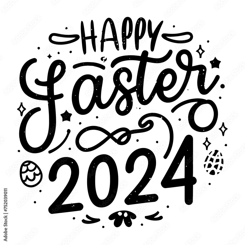 Vector t-shirt design, with the words "Happy Easter 2024" typography, illustration, black ink ...