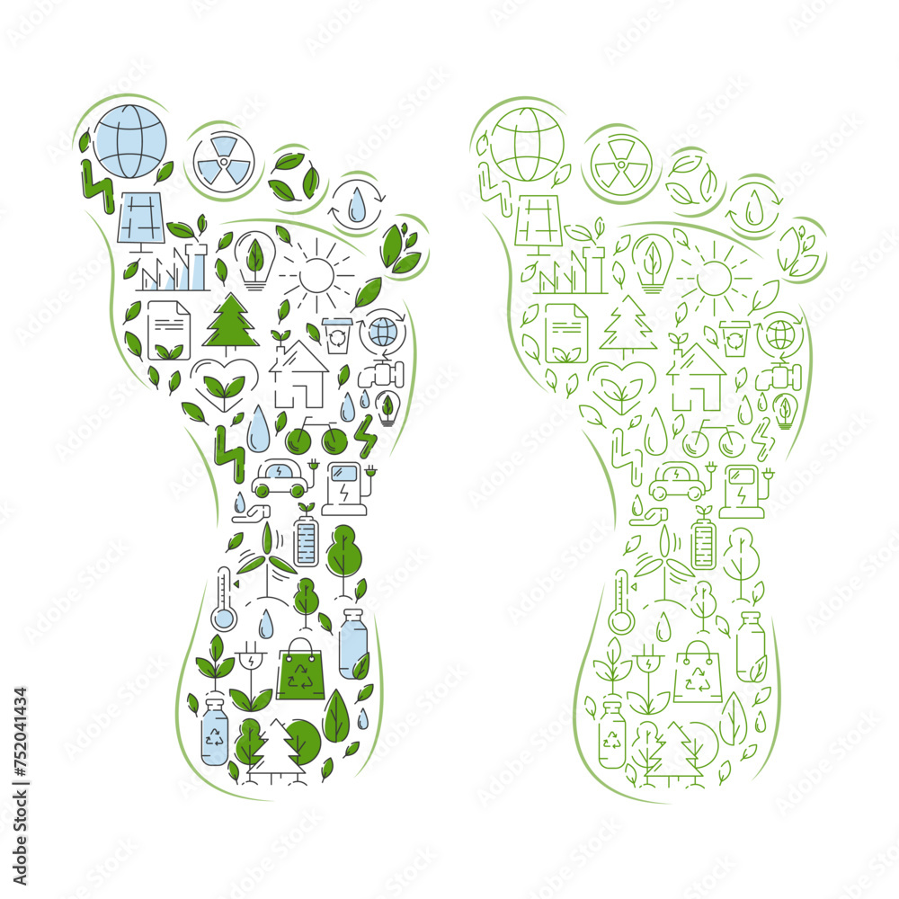 Green eco friendly footprint filled with ecology icons. Reduce carbon ...
