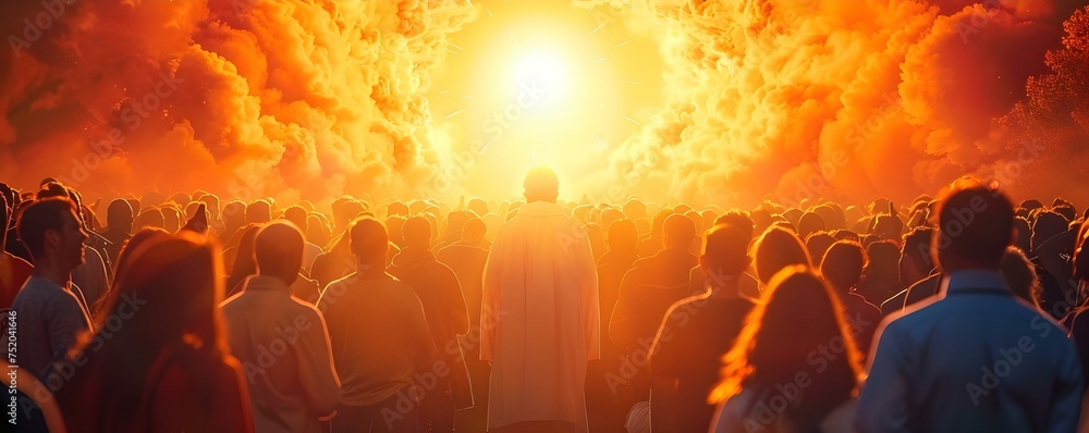 Foto de Crowd of people beneath heavenly vision Revelation of Jesus ...