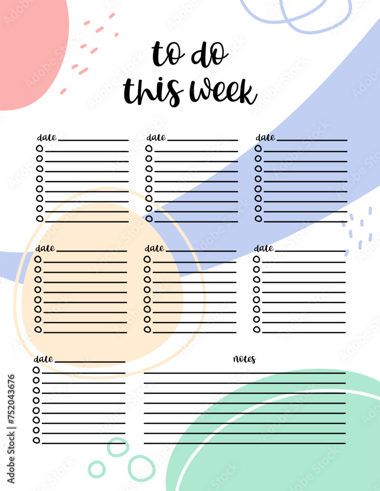 Weekly planner page template US Letter vector. To Do list week blank ...