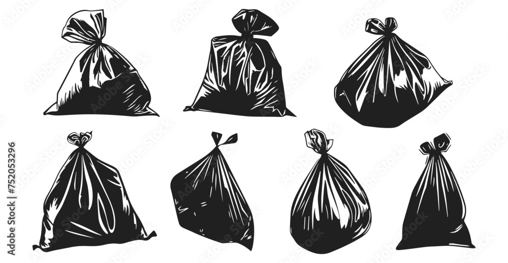 Garbage bags vector illustration. Waste plastic package hand drawn black on white background ...